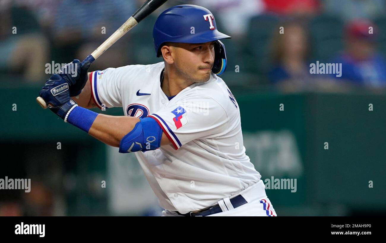 Texas Rangers' Mark Mathias waits on a pitch during a baseball game ...