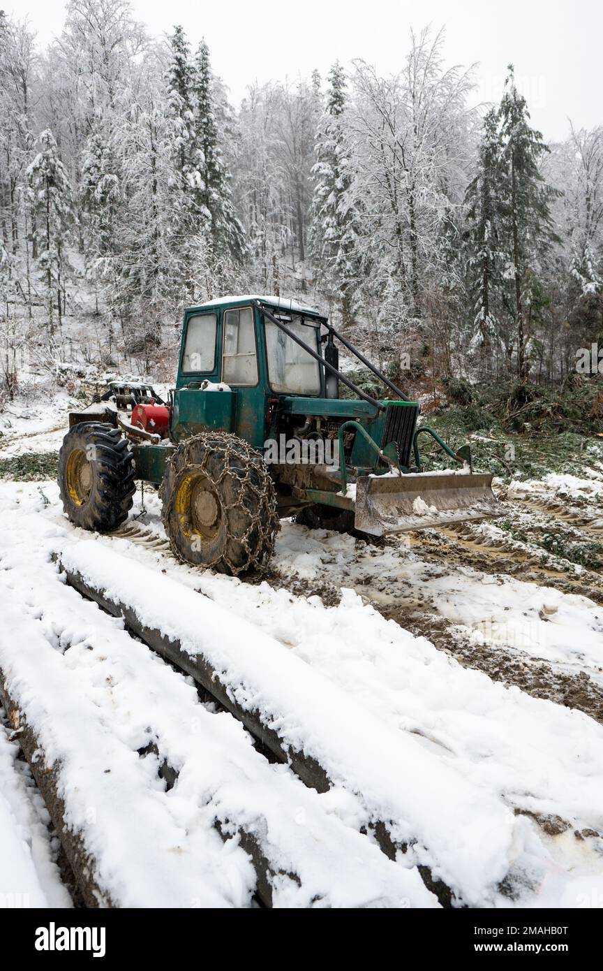 Extreme off-road 4x4 vehicle with snow and mud chains on wheels used ...