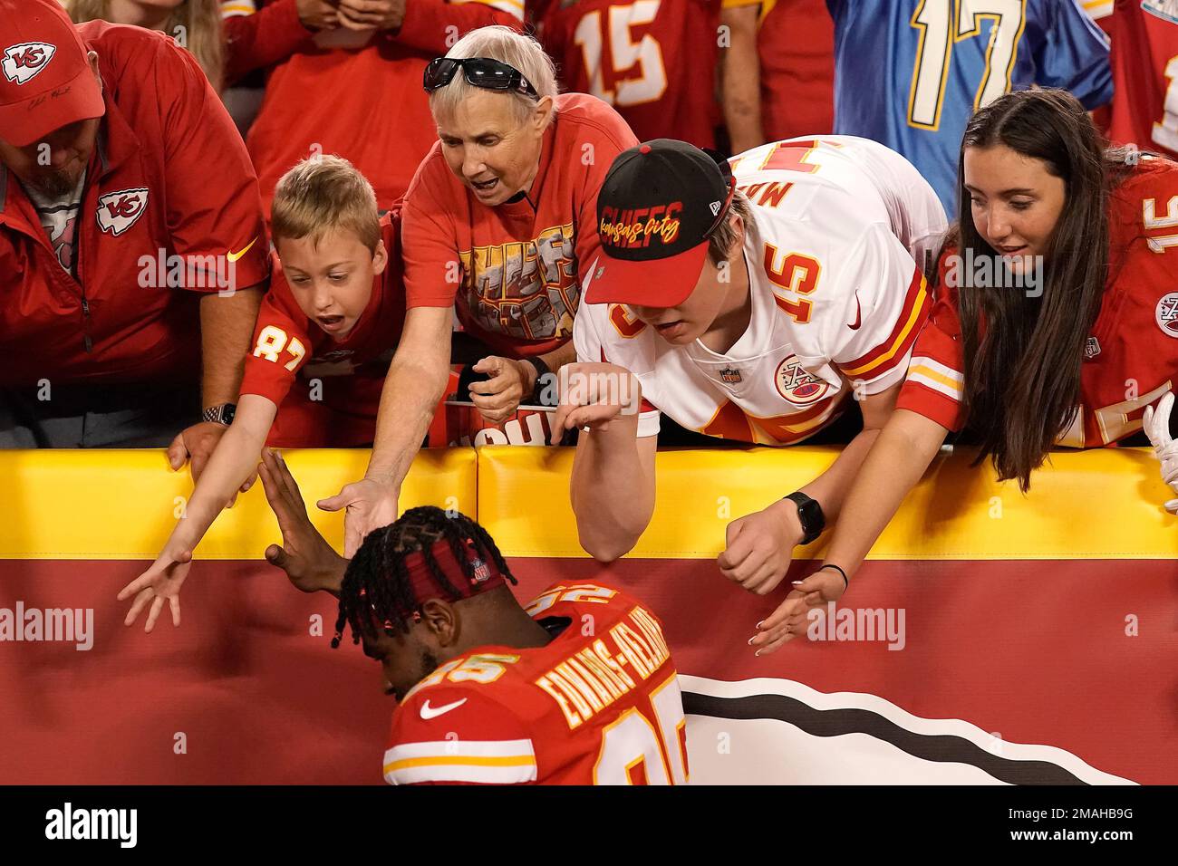 Kansas City Chiefs running back Clyde Edwards-Helaire greets fans after ...