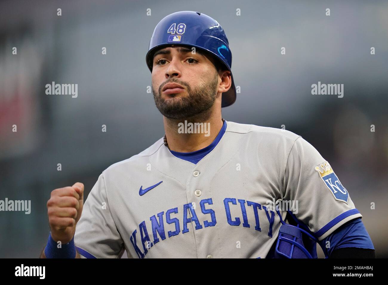 Kansas City Royals catcher Sebastian Rivero looks on before the bottom ...