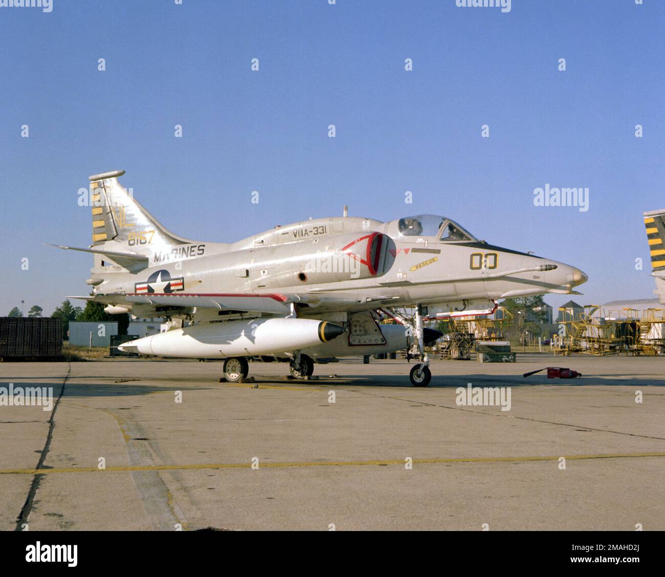 A right front view of a Marine A-4M Skyhawk aircraft sitting on the ...