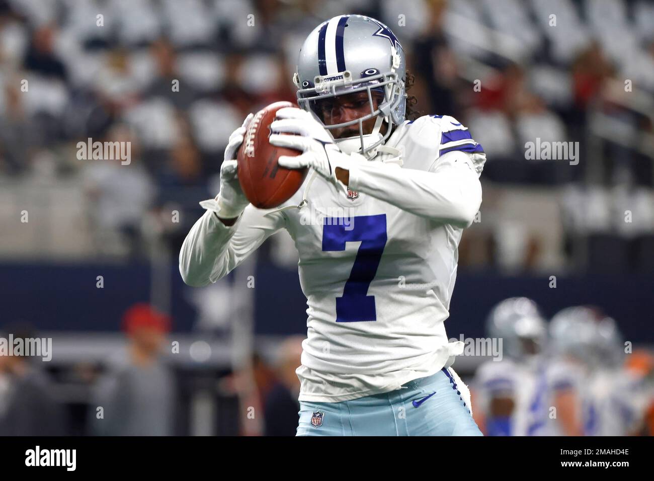 Dallas Cowboys cornerback Trevon Diggs (7) warms up before playing ...