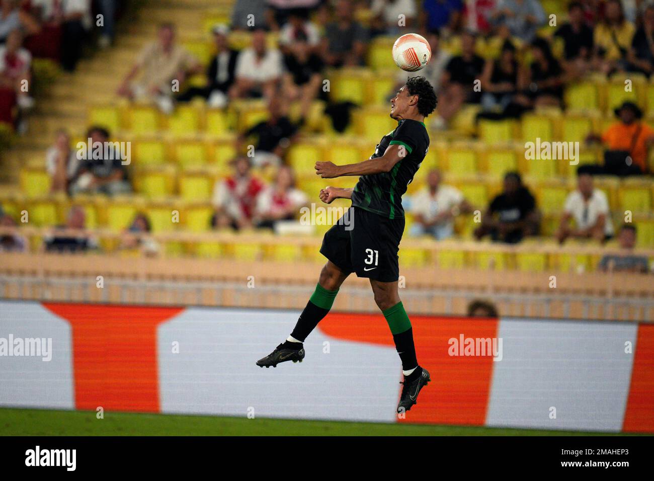 Ferencvaros' Henry Wingo heads the ball during the Europa League group ...