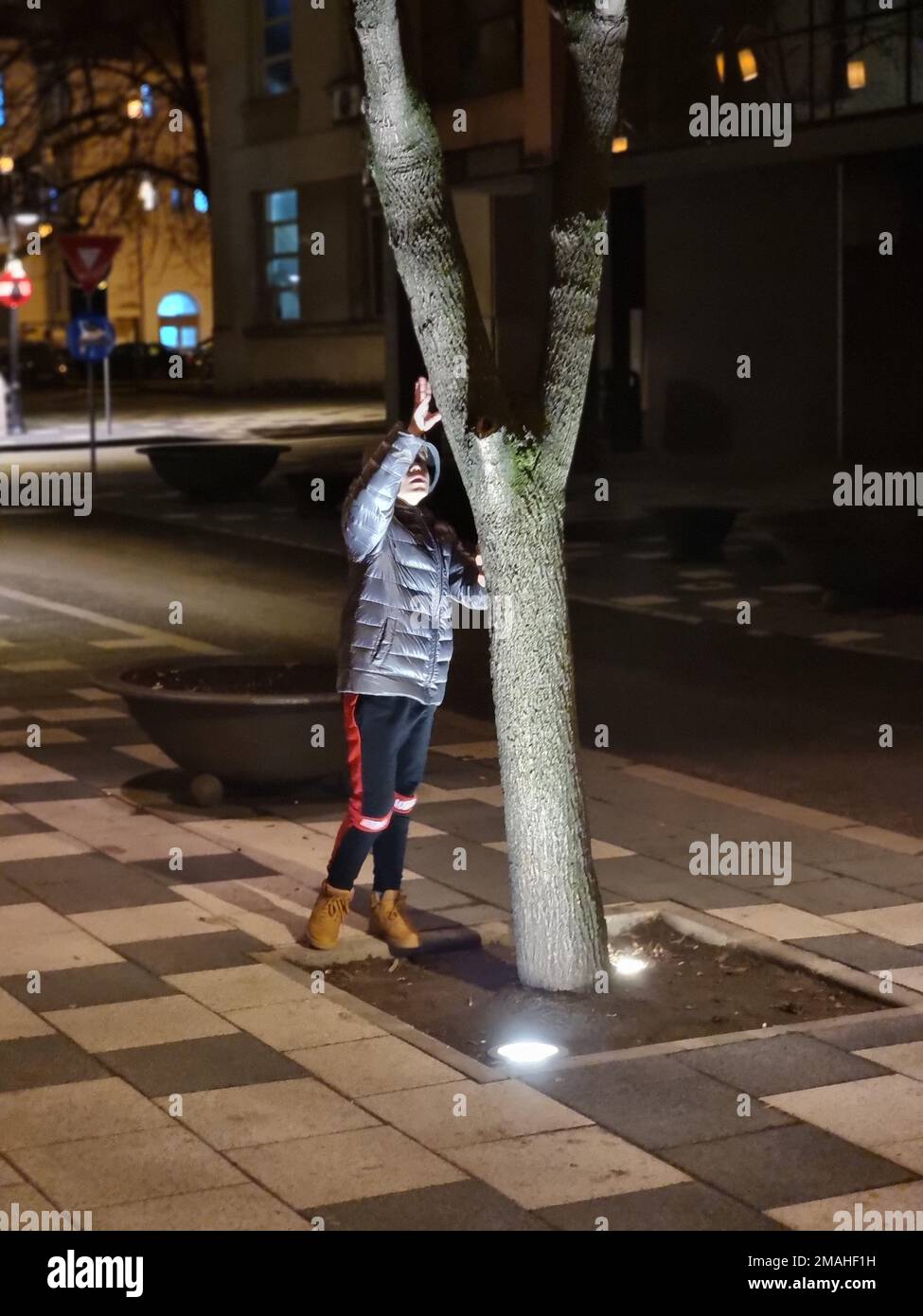 A vertical shot of a kid touching an urban tree trunk at night Stock ...