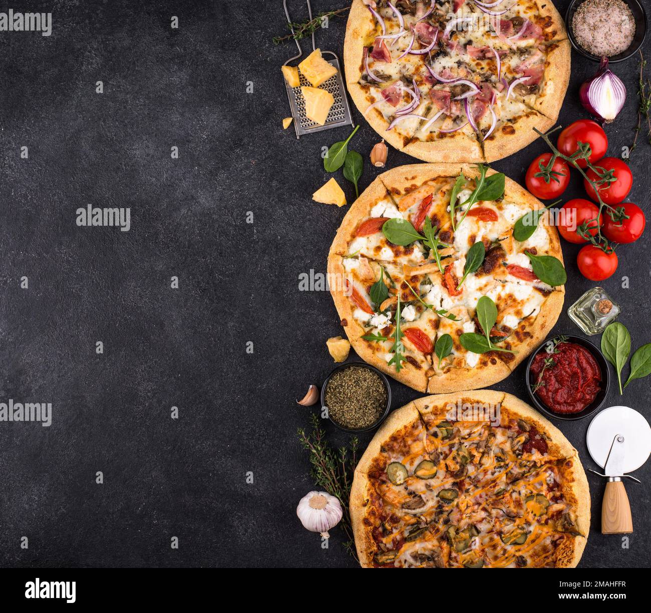 Assortment of various types of Italian pizza Stock Photo - Alamy