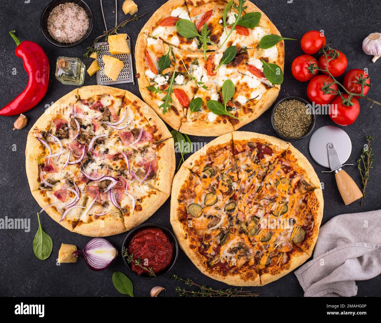 Assortment of various types of Italian pizza Stock Photo - Alamy