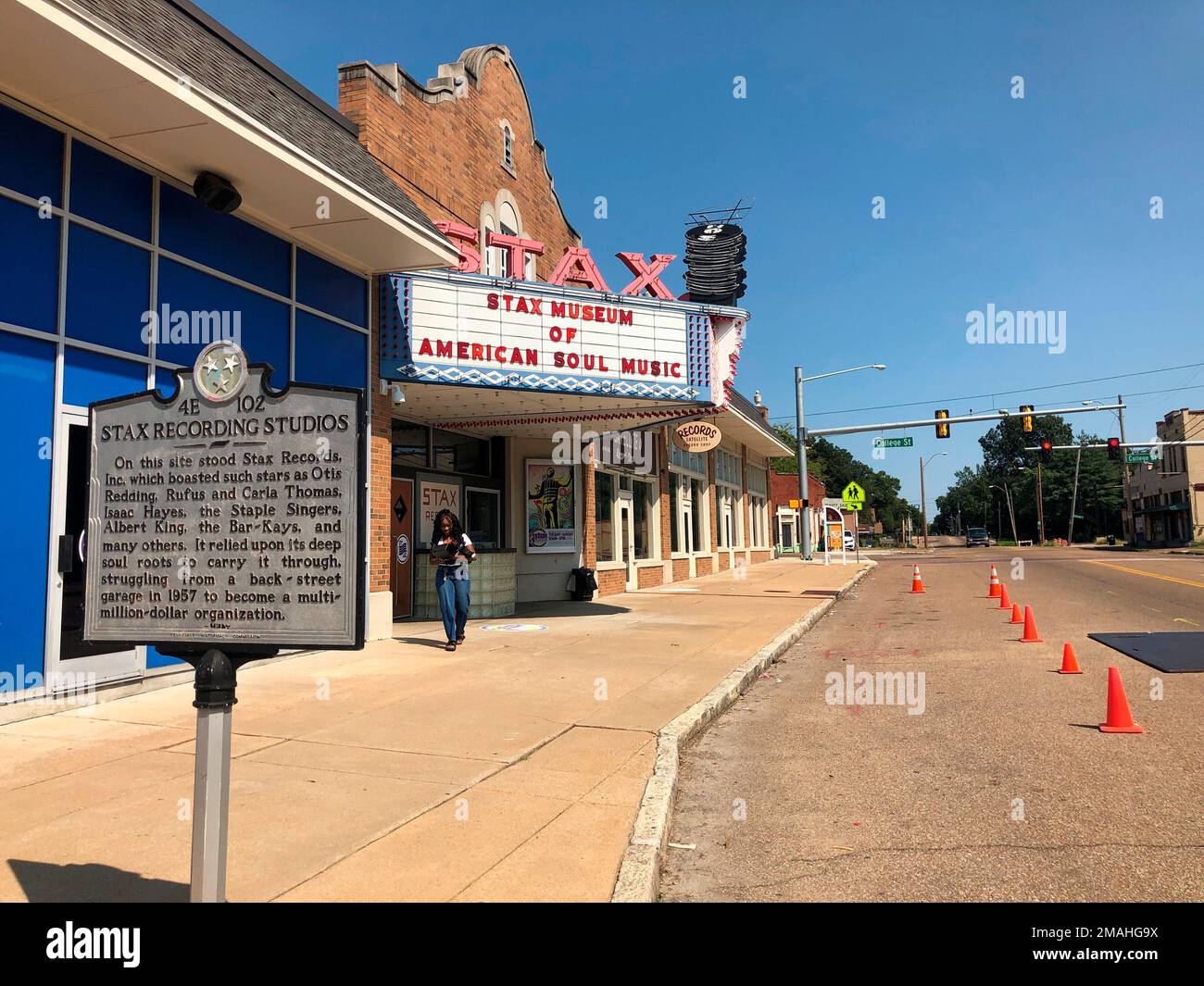 A historical marker and a marquee show the location of the Stax Museum ...