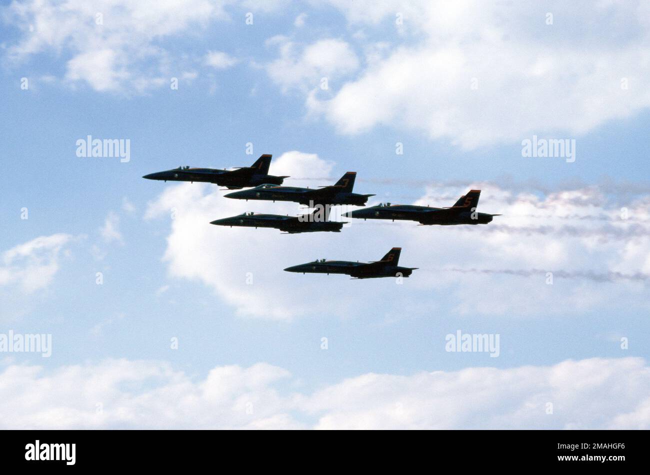 Five F/A-18A Hornet aircraft of the Navy's Blue Angels flight ...