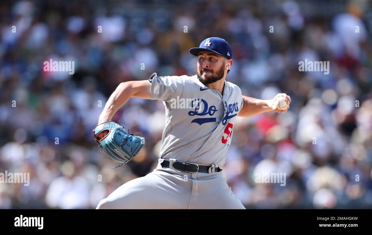 Los Angeles Dodgers relief pitcher Alex Vesia winds up against the San ...
