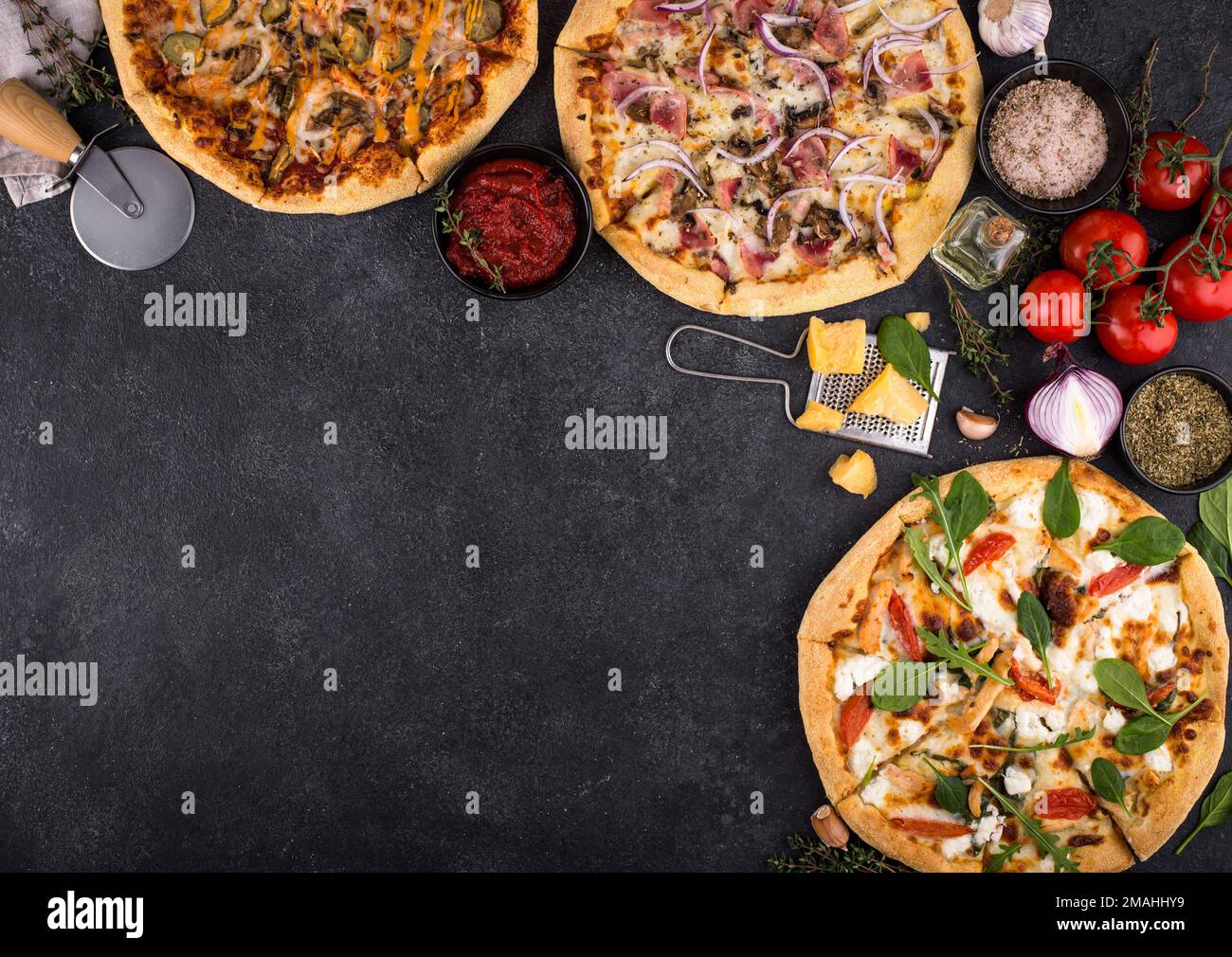 Assortment of various types of Italian pizza Stock Photo - Alamy
