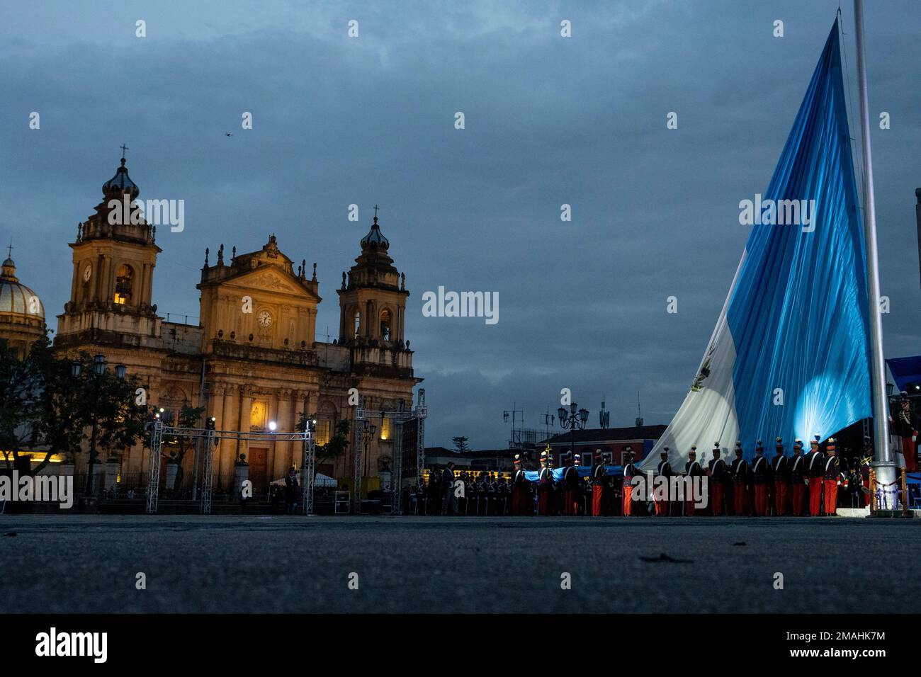 Army cadets raise the Guatemalan flag at Constitution Square during a ...