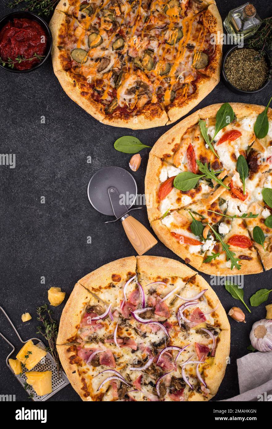 Assortment of various types of Italian pizza Stock Photo - Alamy