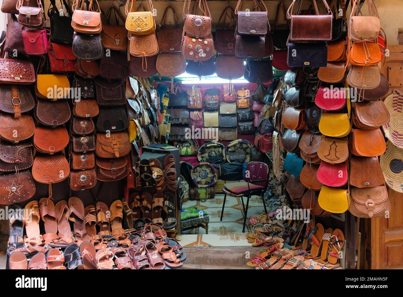 Fez, Morocco - small shop selling local leather goods at Fes el Bali ...