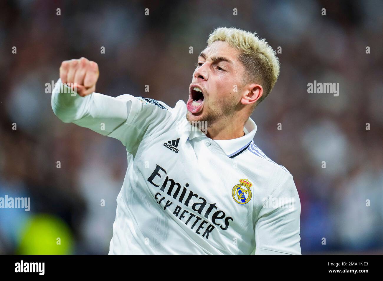 Real Madrid's Federico Valverde celebrates after scoring the opening ...