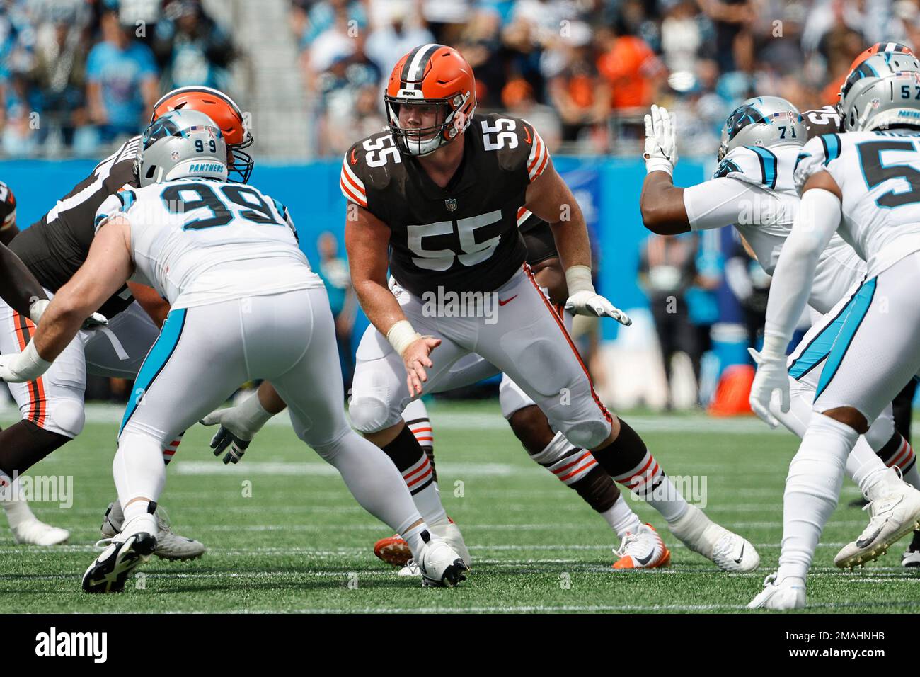 Cleveland Browns center Ethan Pocic looks to block against the Carolina ...