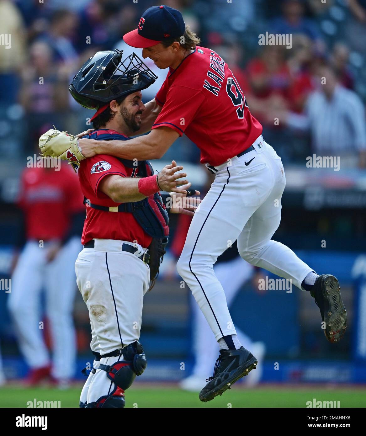 Cleveland Guardians relief pitcher James Karinchak, right, and Josh ...