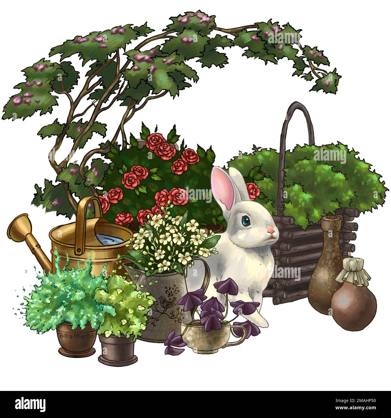 Illustration of a cute rabbit in the garden with flowers. High quality ...