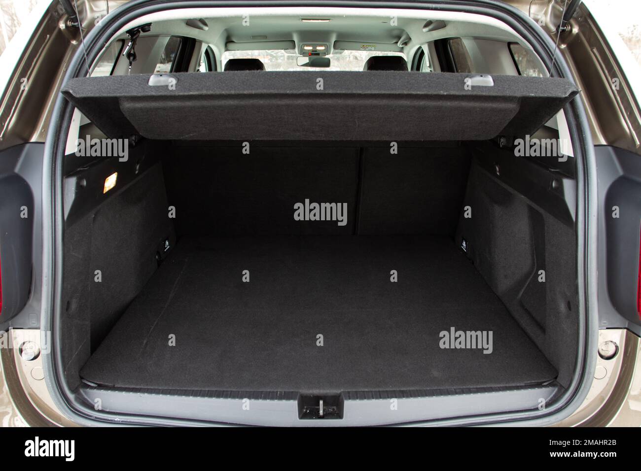 Huge, clean and empty car trunk in interior of compact suv. Rear view ...