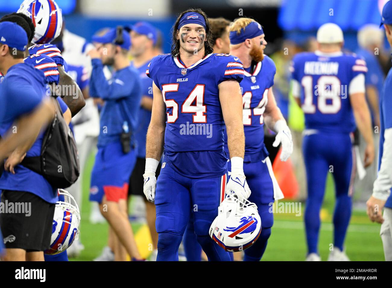 Buffalo Bills linebacker Baylon Spector (54) on the sideline with his ...