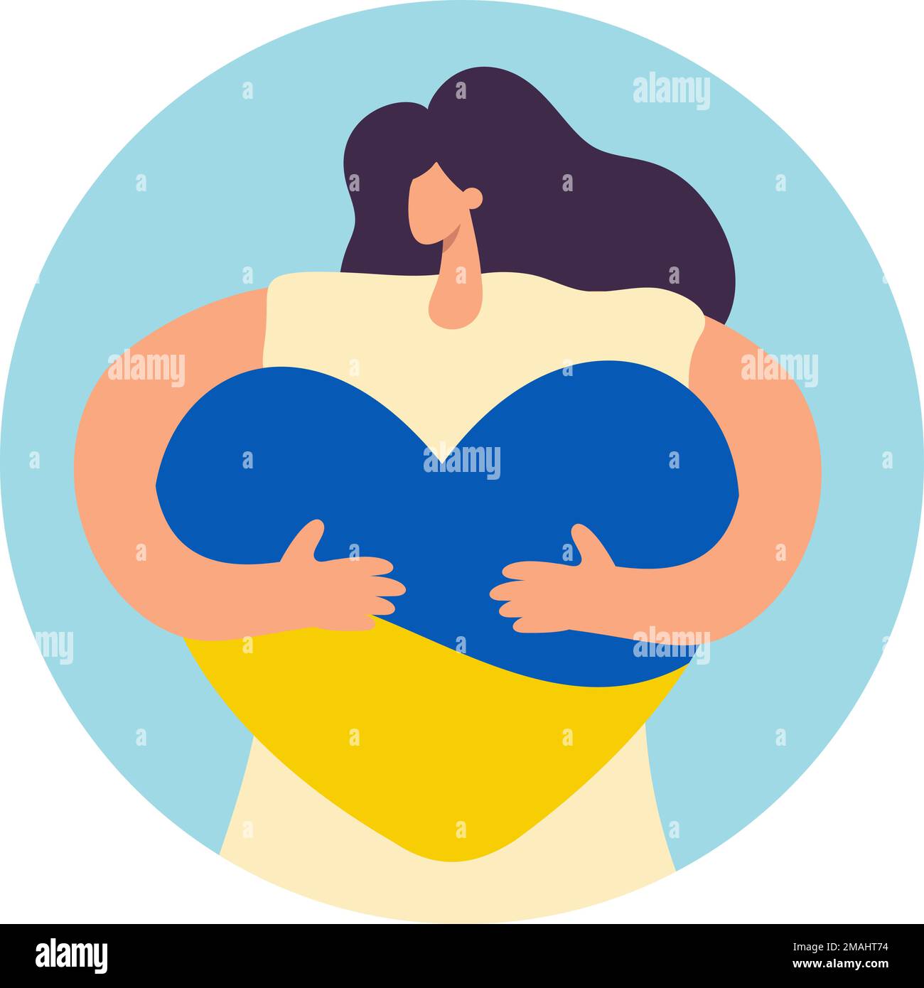 Woman people hugs a heart with the colors of the flag of Ukraine ...