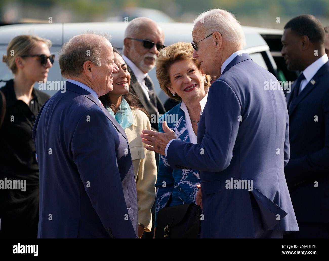 President Joe Biden speaks with Sen. Debbie Stabenow, D-Mich., Detroit ...