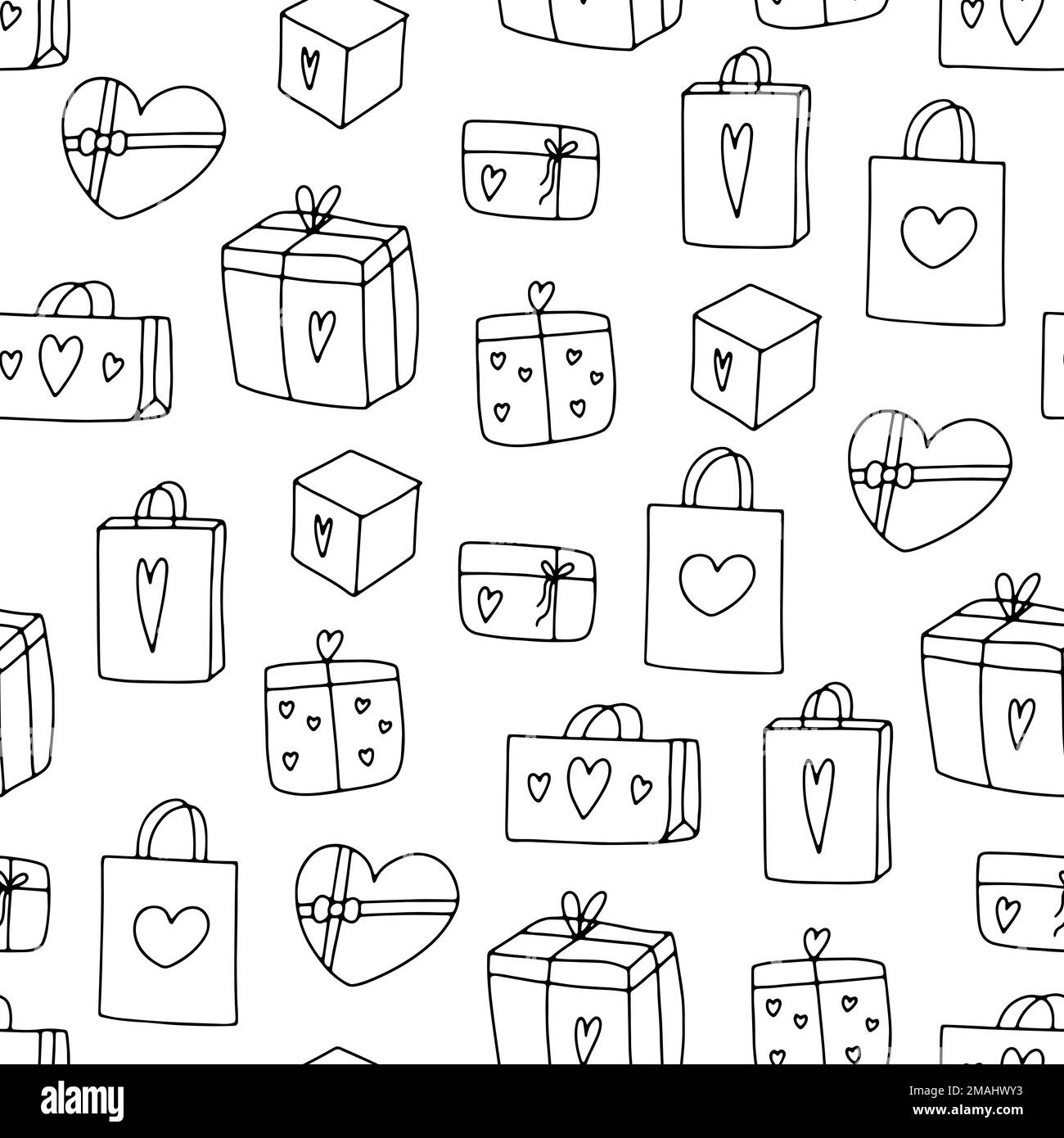 Cute doodle Gifts seamless pattern. Hand-drawn presents bag on white ...