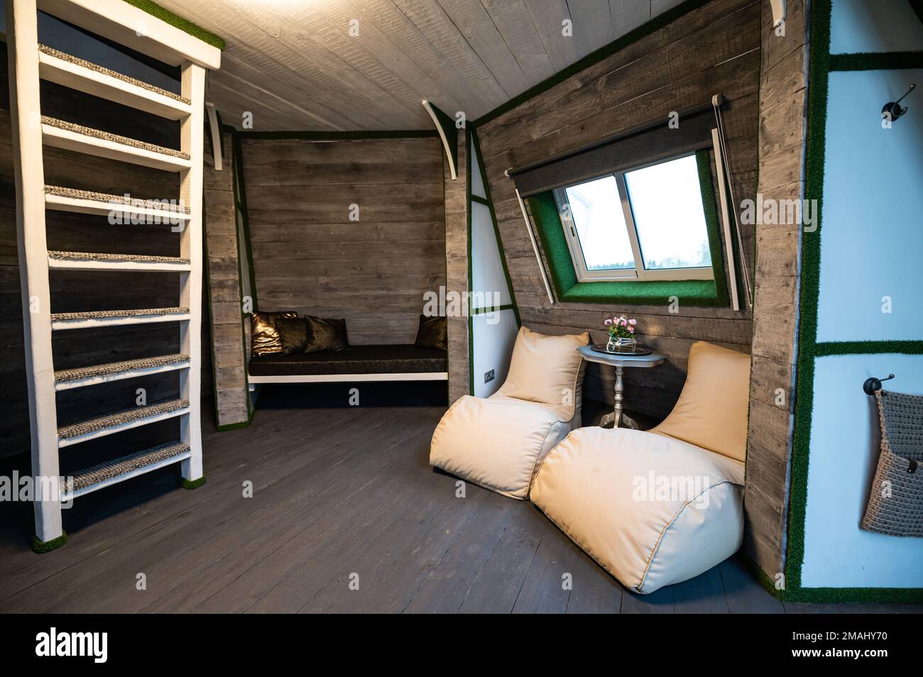 Wooden interior design. Living room of summer house. Pyramid shape ...