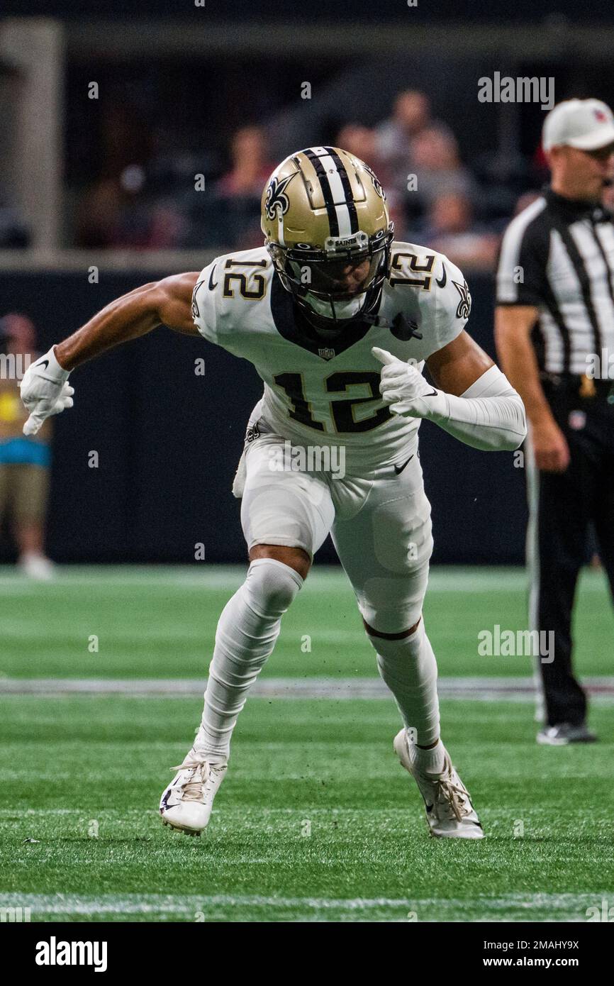 New Orleans Saints wide receiver Chris Olave (12) works during the ...