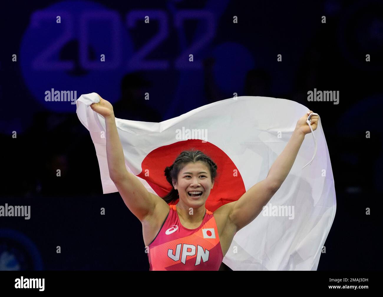 Japan's Nonoka Ozaki celebrates after her women's freestyle 62 kg ...