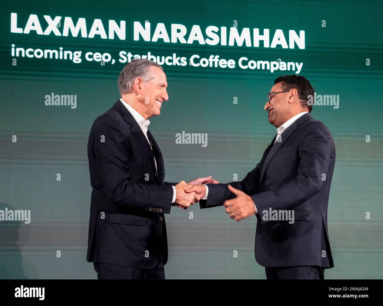 Interim CEO Howard Schultz, left, greets incoming CEO Laxman Narasimhan ... Interim CEO Howard Schultz, left, greets incoming CEO Laxman Narasimhan ...
