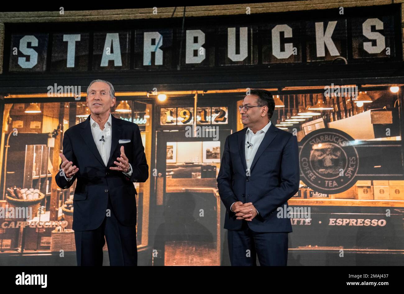 Interim CEO Howard Schultz, left, speaks after introducing incoming CEO ... Interim CEO Howard Schultz, left, speaks after introducing incoming CEO ...