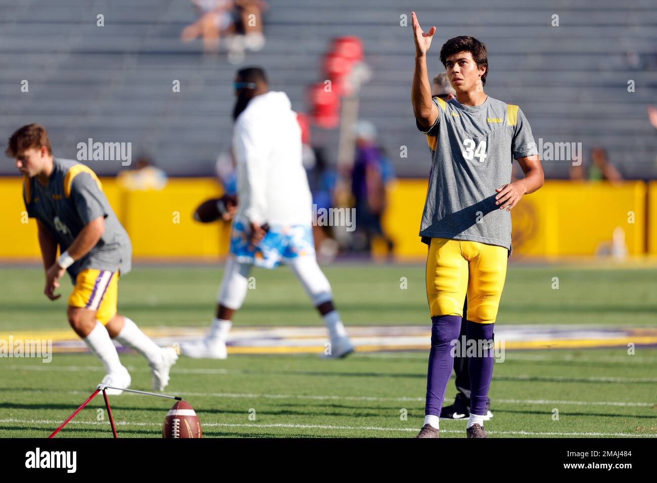 LSU place kicker Damian Ramos (34) warms up before an NCAA college football game against ...
