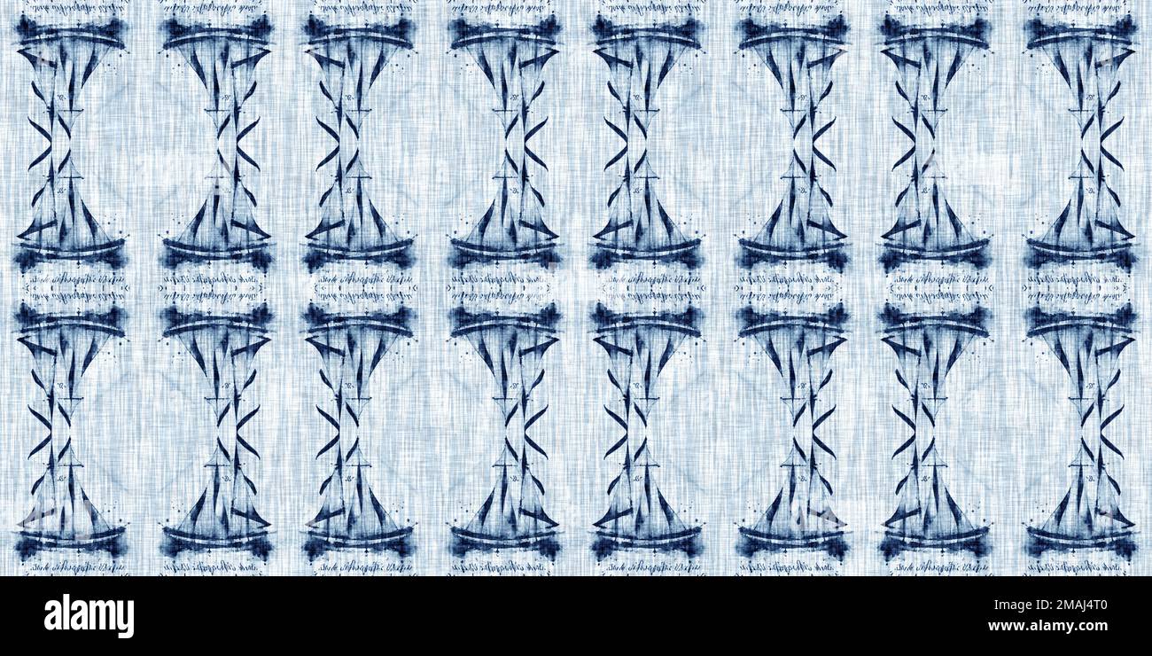 Indigo dye wash coastal damask seamless border pattern. Washed out ...