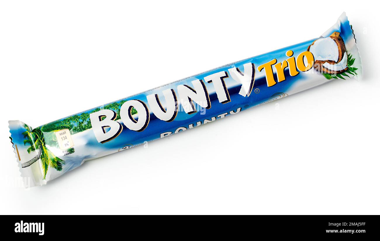 CHISINAU, MOLDOVA -December 25, 2015: Bounty chocolate bar. Studio shot ...