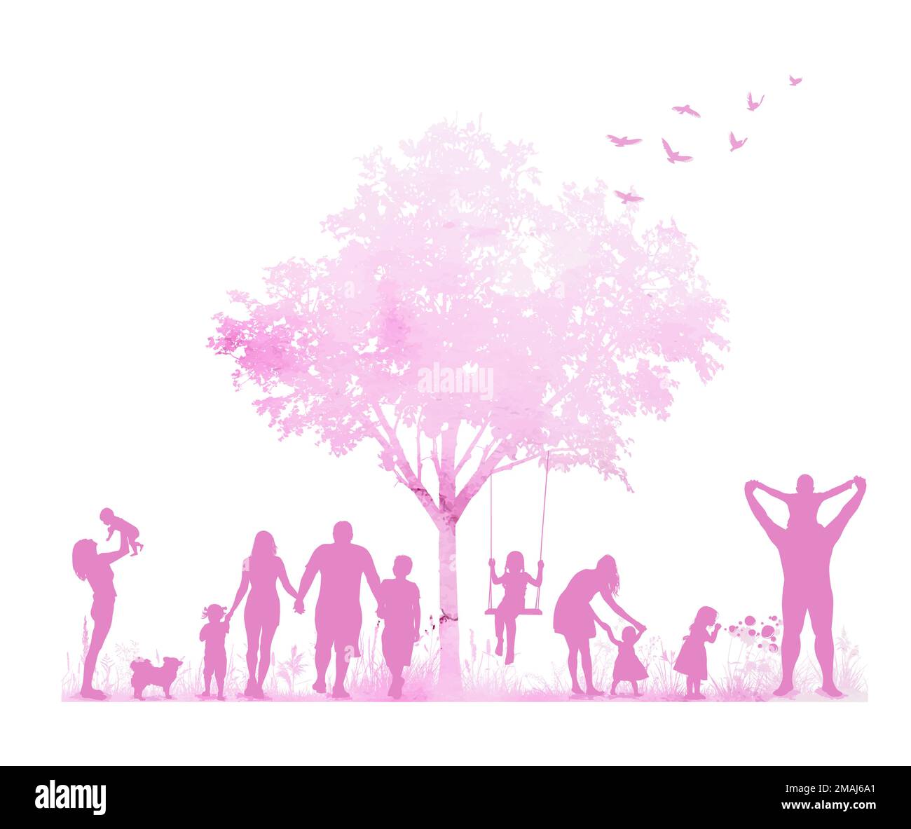 Watercolor nature and family silhouettes. Pink landscape with people ...