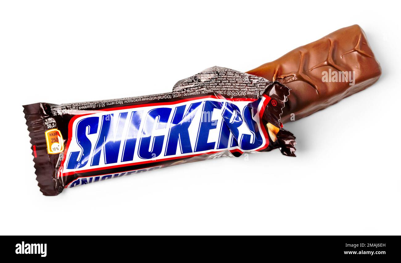 CHISINAU, MOLDOVA - November 12, 2015: Closeup of unwrapped Snickers ...