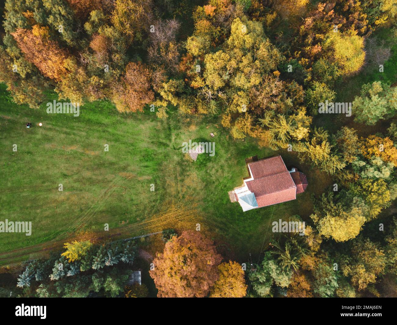 Aerial photo of St. Martin's Roman Catholic Church with trees and ...