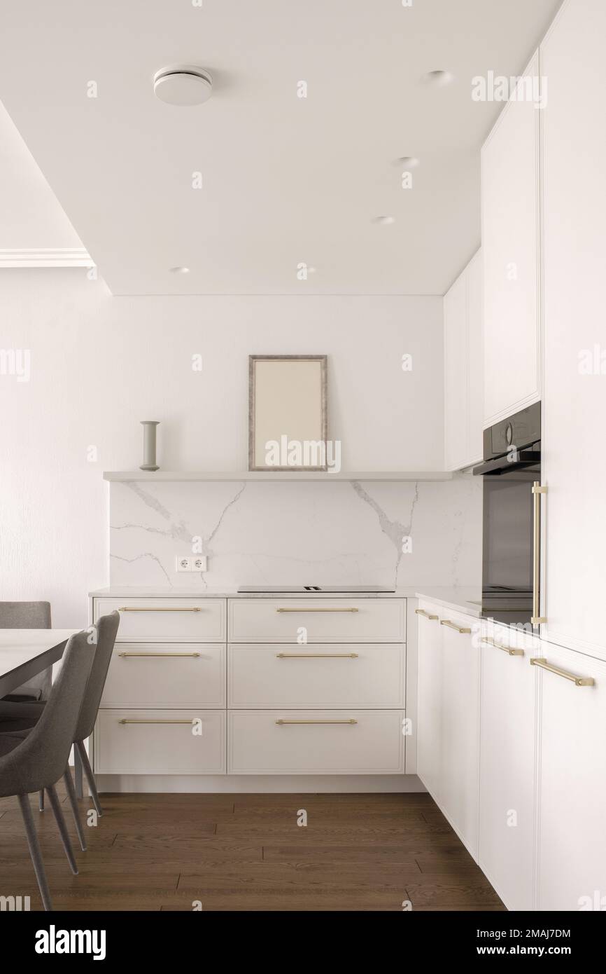 Warm white kitchen interior design, electric hob with integrated ...