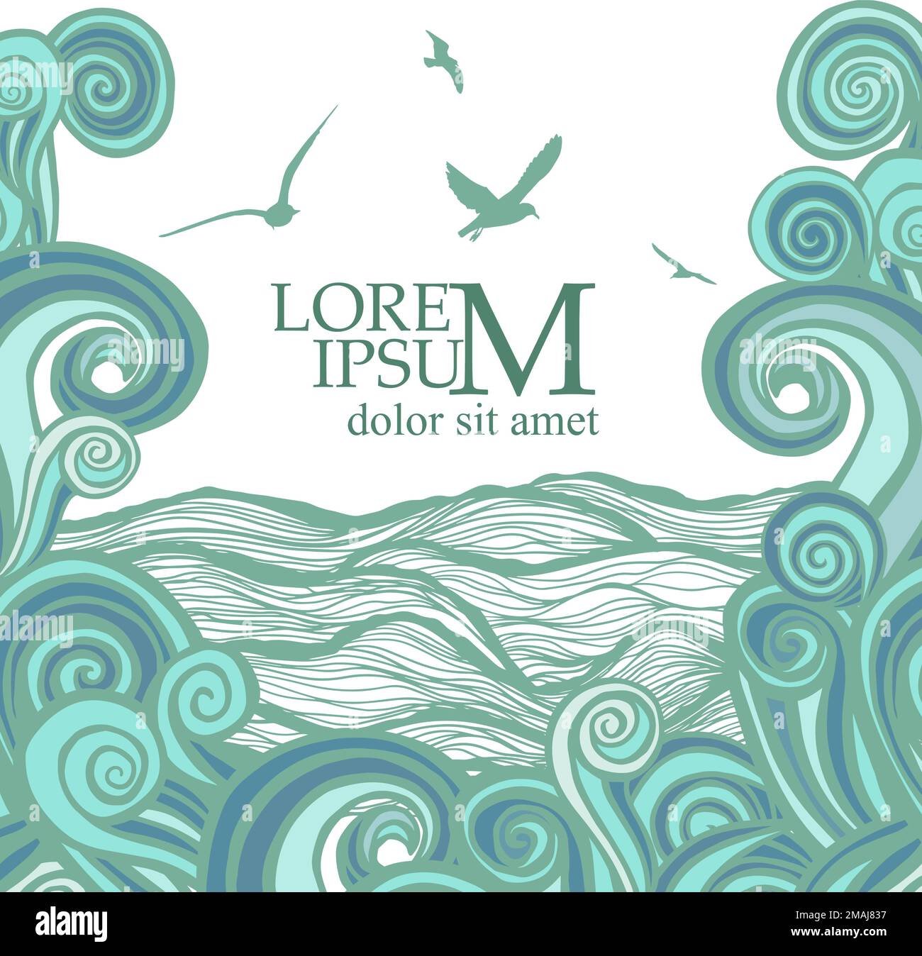 Sea background with waves. Frame with seagulls. Vector illustration ...