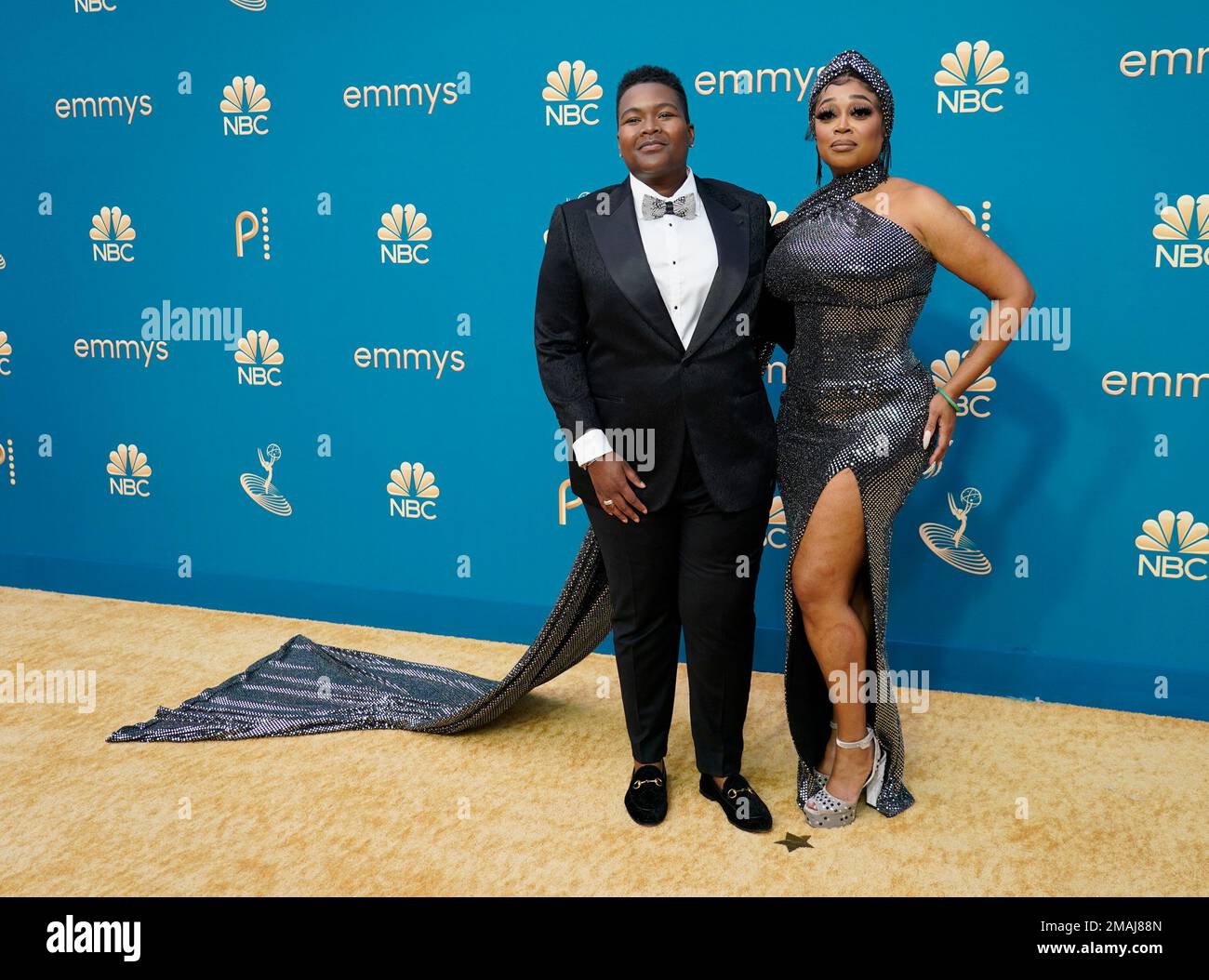 Sam Jay, left, and Yanise Monet arrive at the 74th Primetime Emmy ...