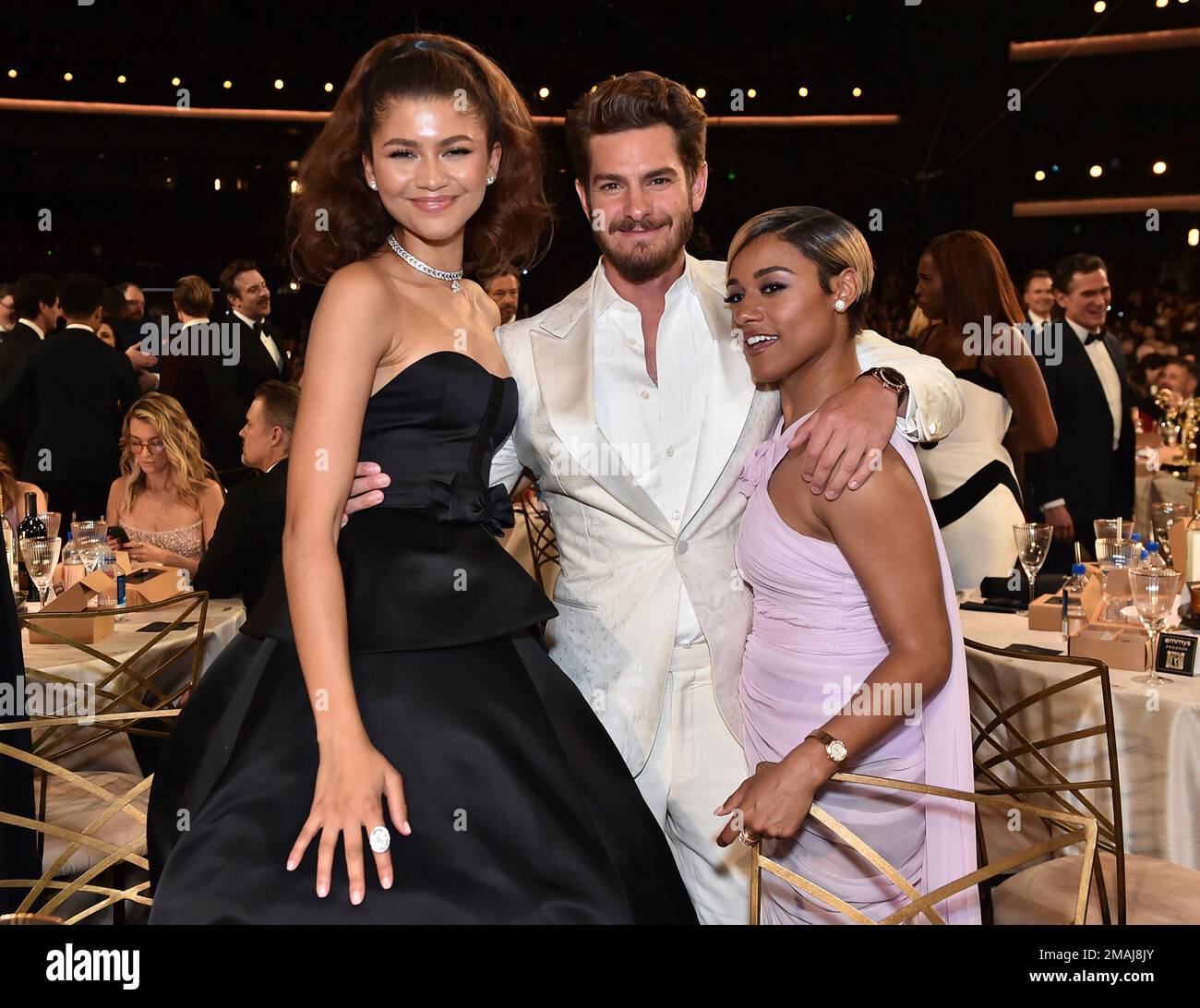 Zendaya, from left, Andrew Garfield, and Ariana DeBose at the 74th Emmy ...