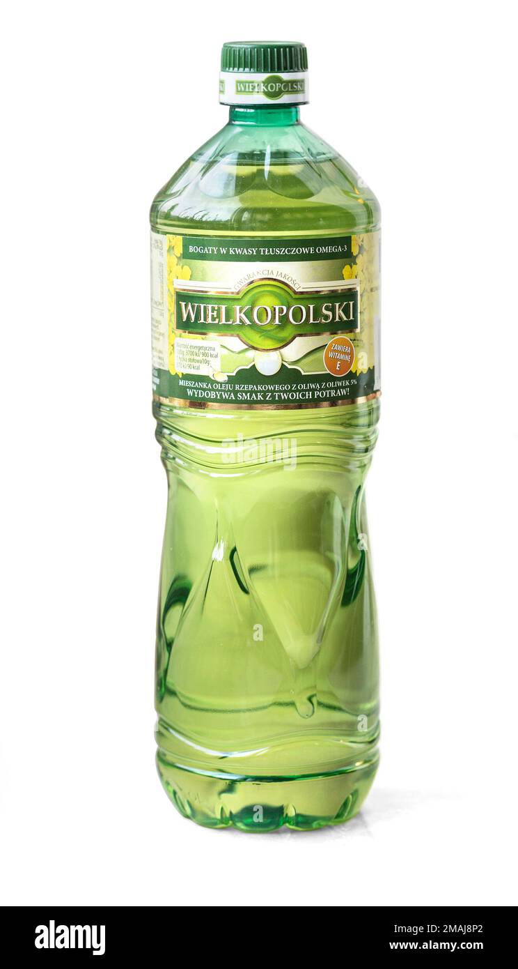 Warsaw, Poland - November 04, 2016: Bottle of oil on white bakground ...