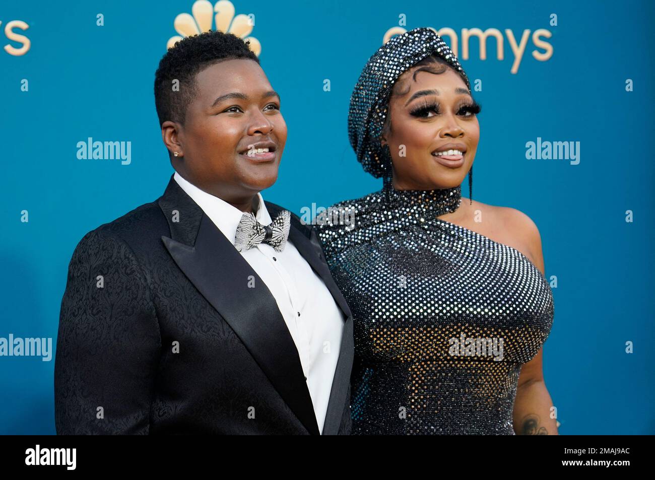 Sam Jay, left, and Yanise Monet arrive at the 74th Primetime Emmy Awards on Monday, Sept. 12 ...