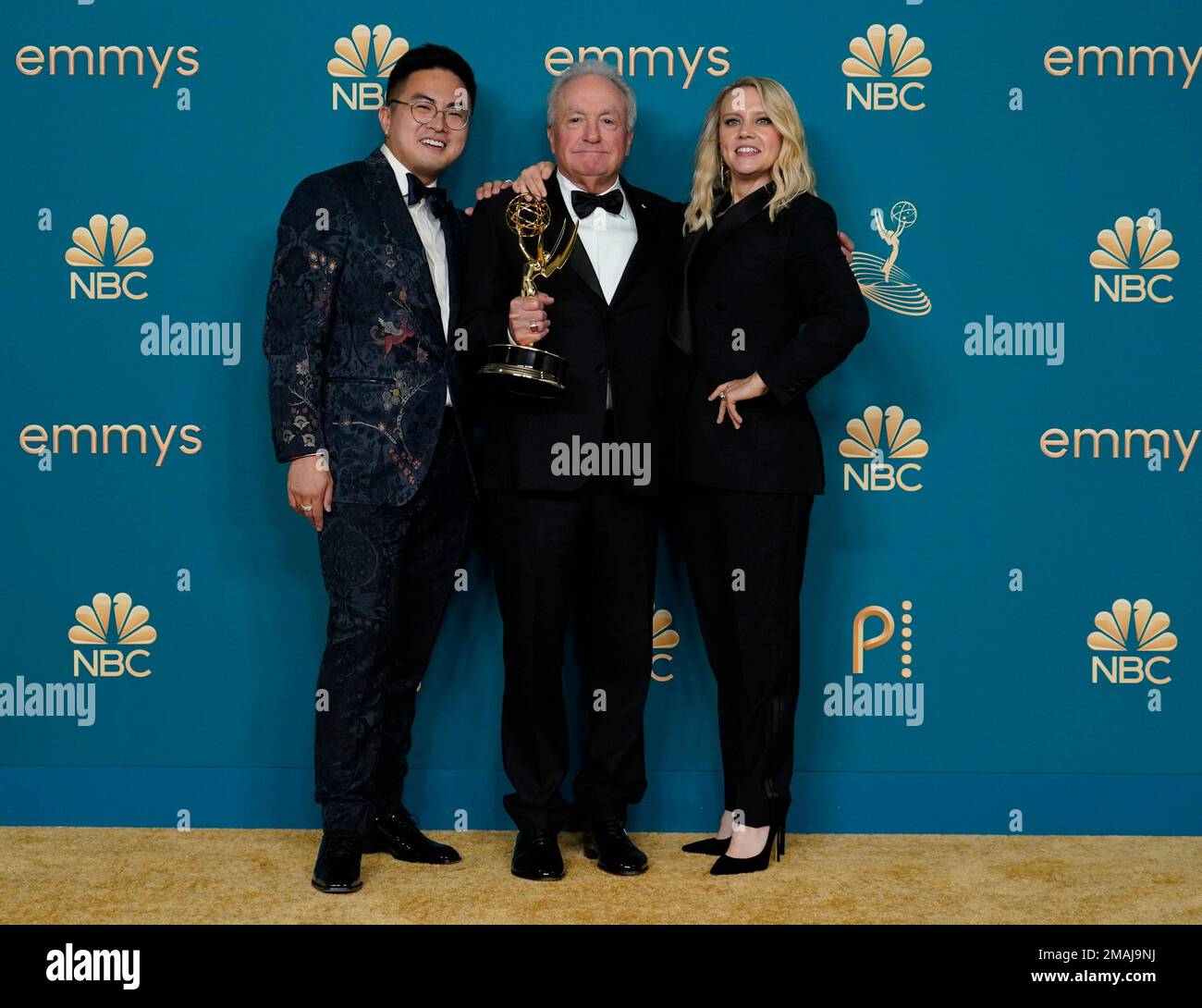 Bowen Yang, from left, Lorne Michaels, and Kate McKinnon, winners of ...