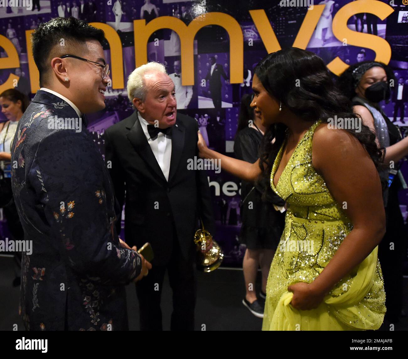 Bowen Yang, from left, Lorne Michaels, and Mindy Kaling at the 74th ...