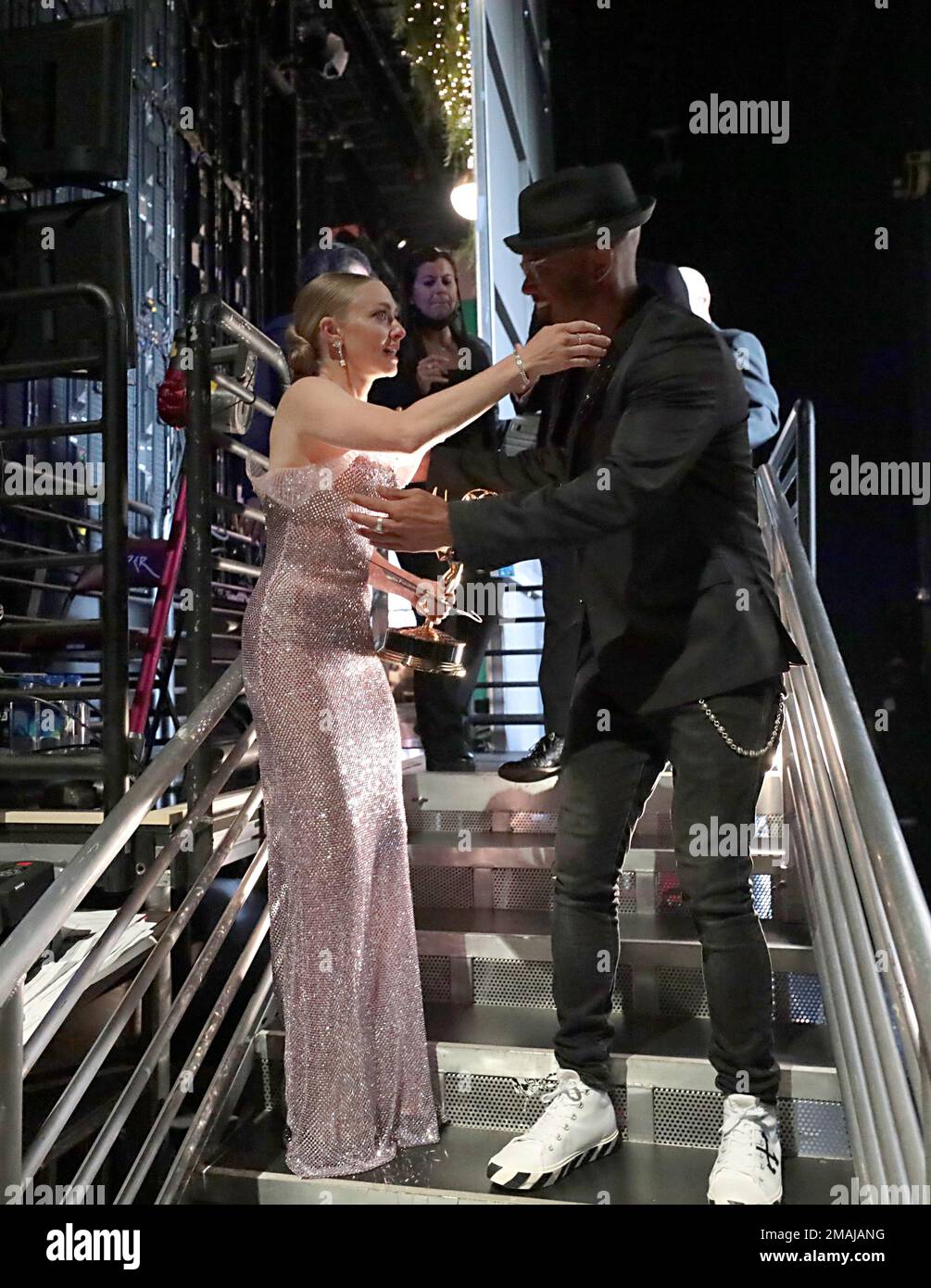 Amanda Seyfried, left, and Shemar Moore at the 74th Emmy Awards on ...