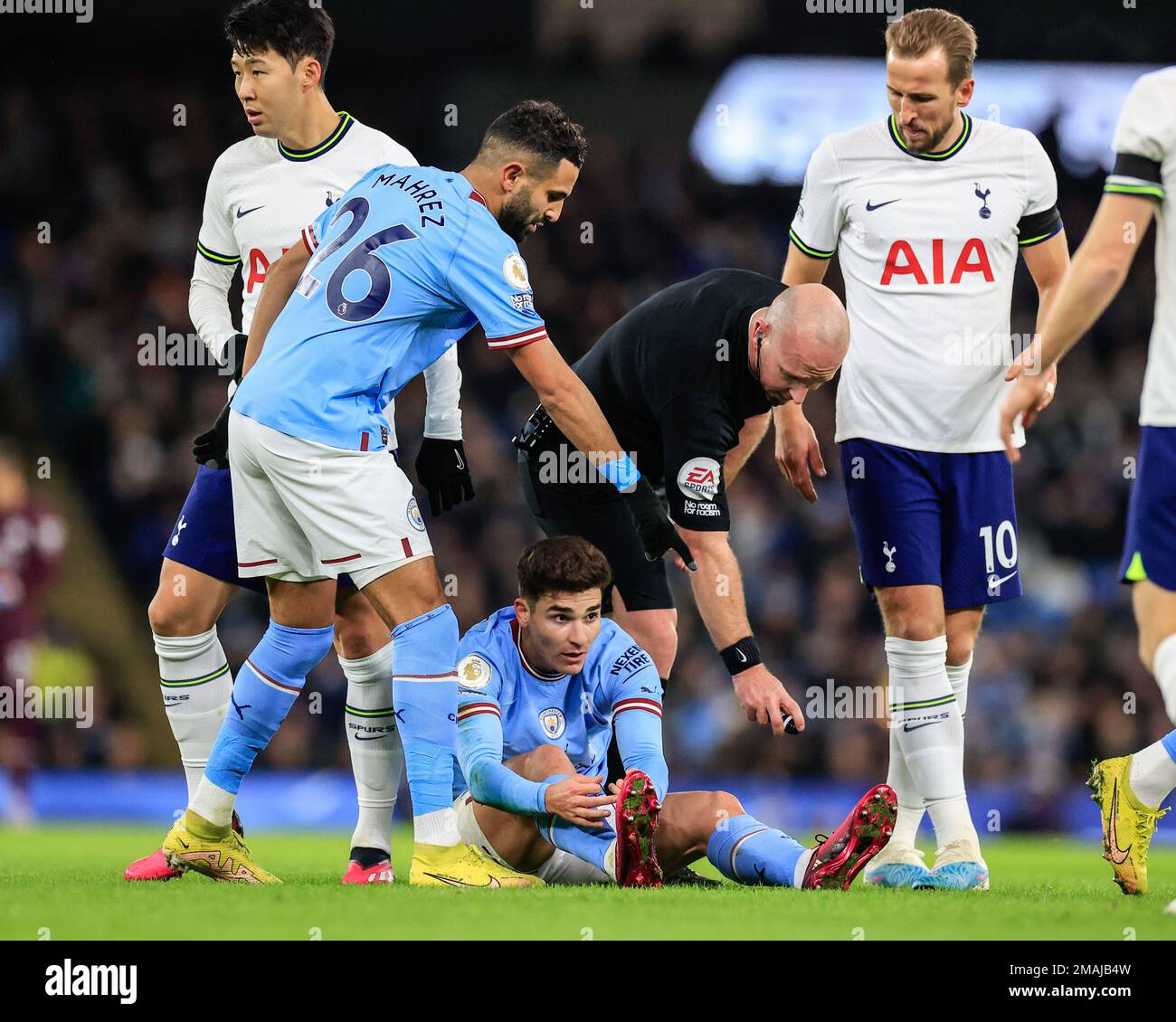Riyad Mahrez #26 of Manchester City points to where the ball should sit ...