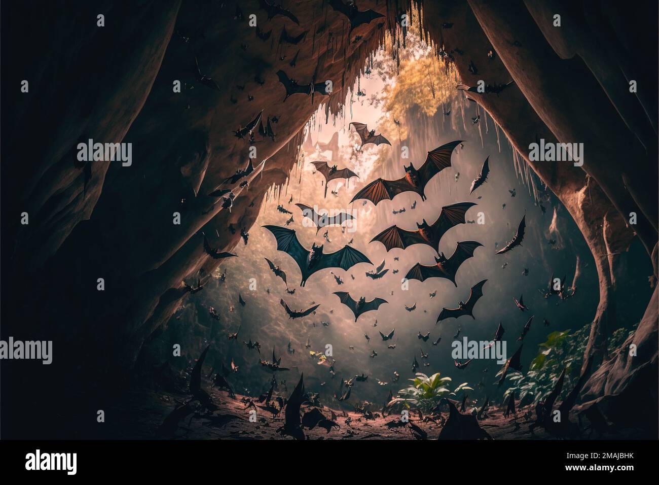 Bats Flying Out Of Cave Drawing