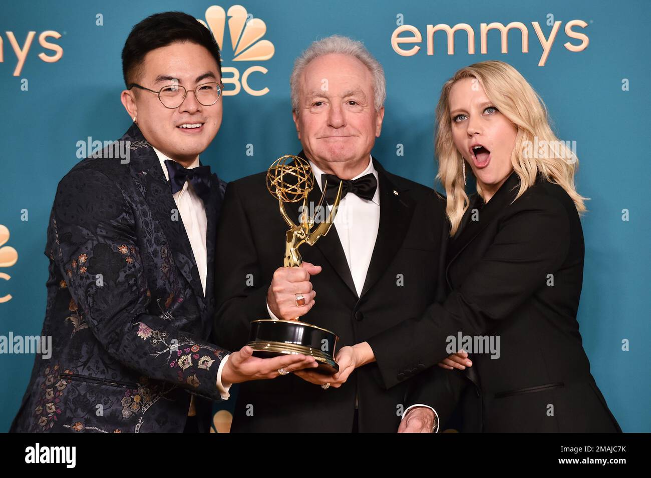 Bowen Yang, from left, Lorne Michaels, and Kate McKinnon pose with the ...