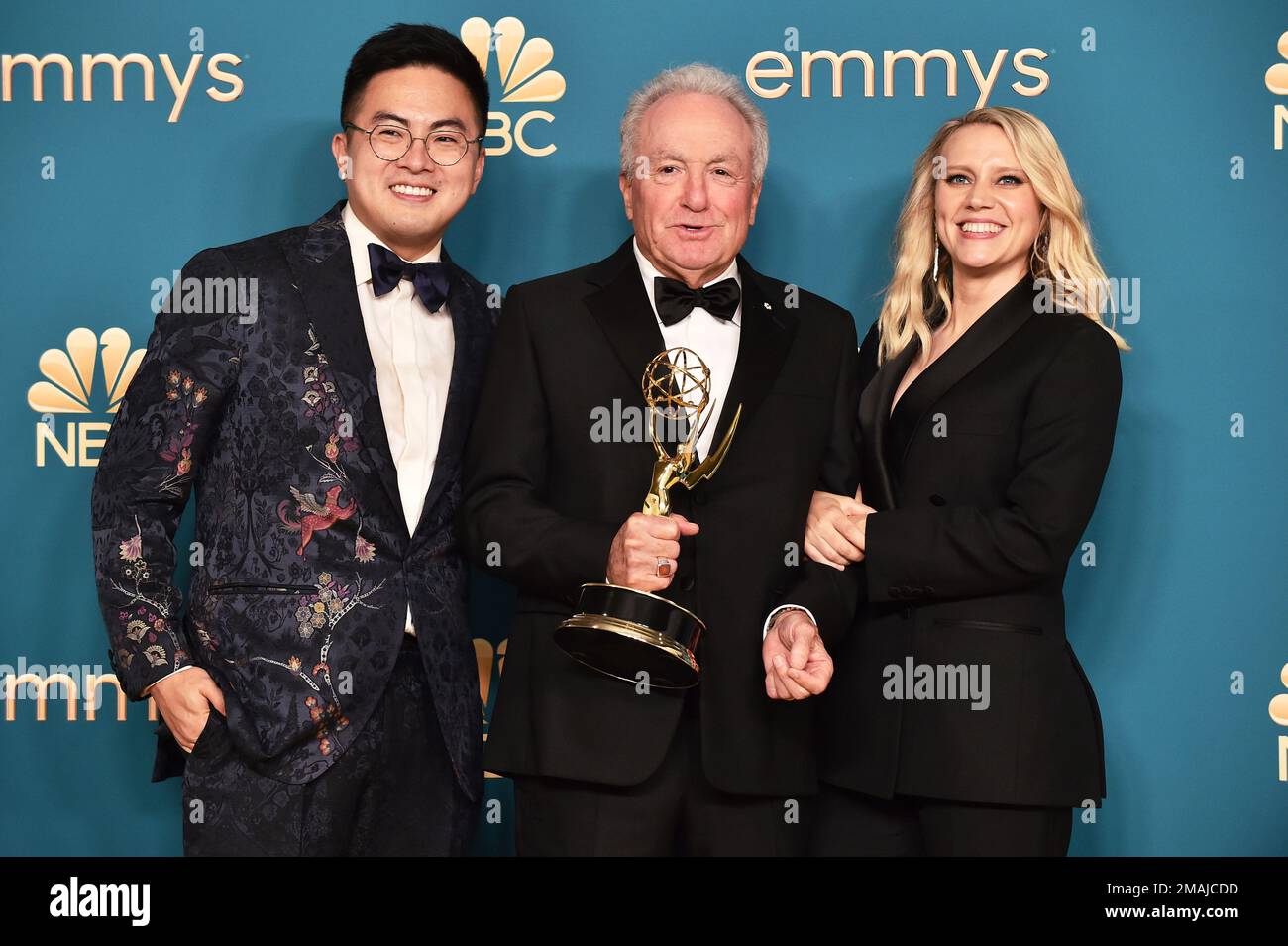 Bowen Yang, from left, Lorne Michaels, and Kate McKinnon pose with the ...